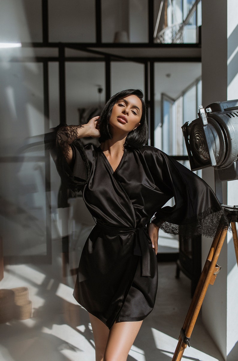 Bride Robe With Lace Sleeves White Boudoir Robe Long Silk Robe - Etsy