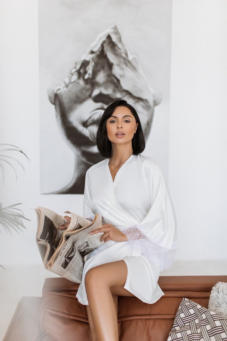 Bride Robe With Lace Sleeves White Boudoir Robe Long Silk Robe - Etsy
