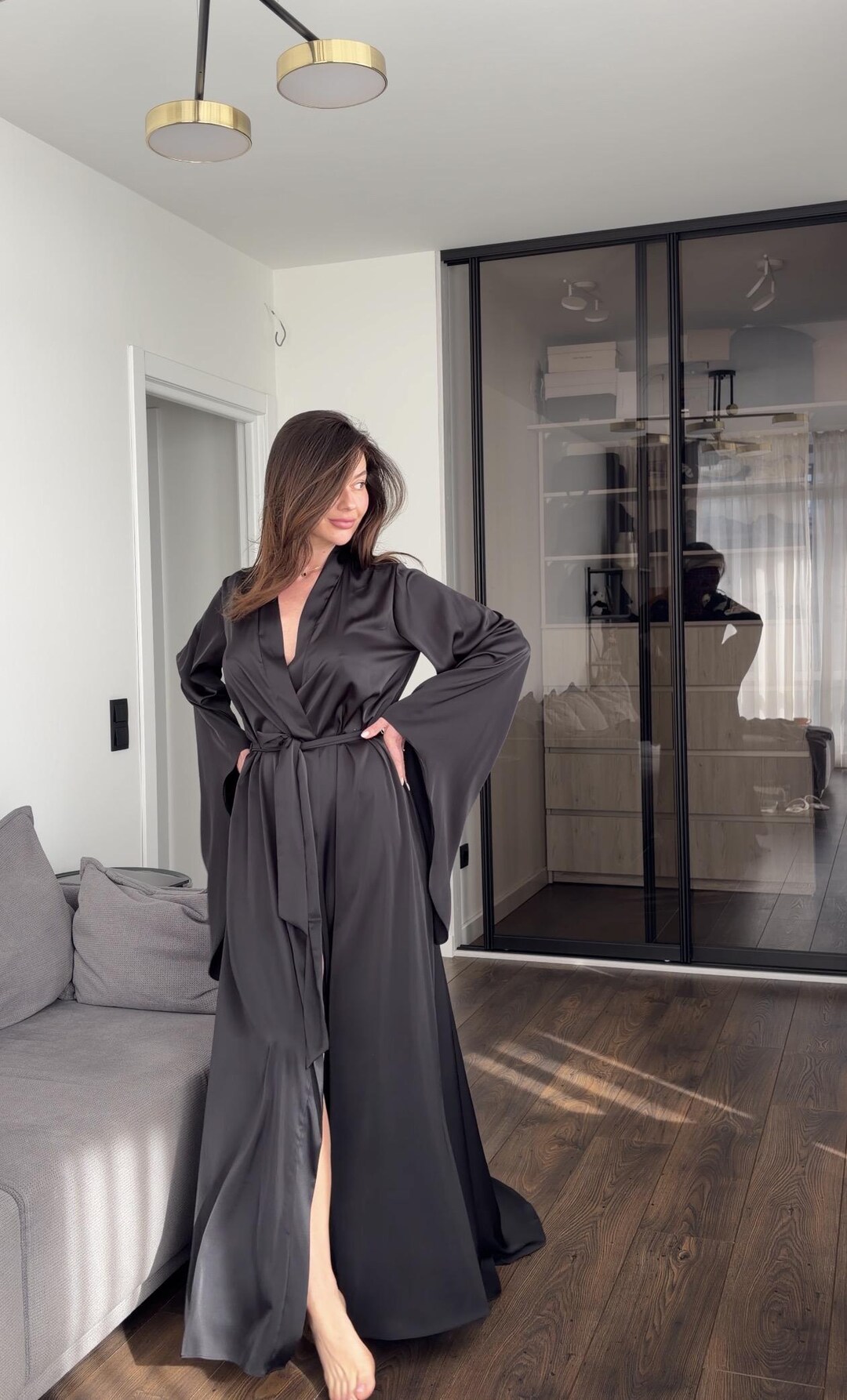 Long Kimono With Train, Black Satin Robe, Wide Sleeves, Luxury Boudoir ...