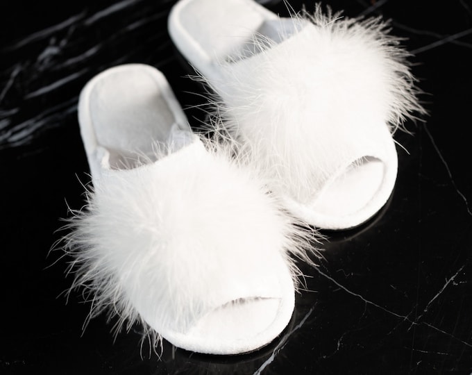 White Bridal Slippers With Feather, Bride Slippers for Wedding Day ...