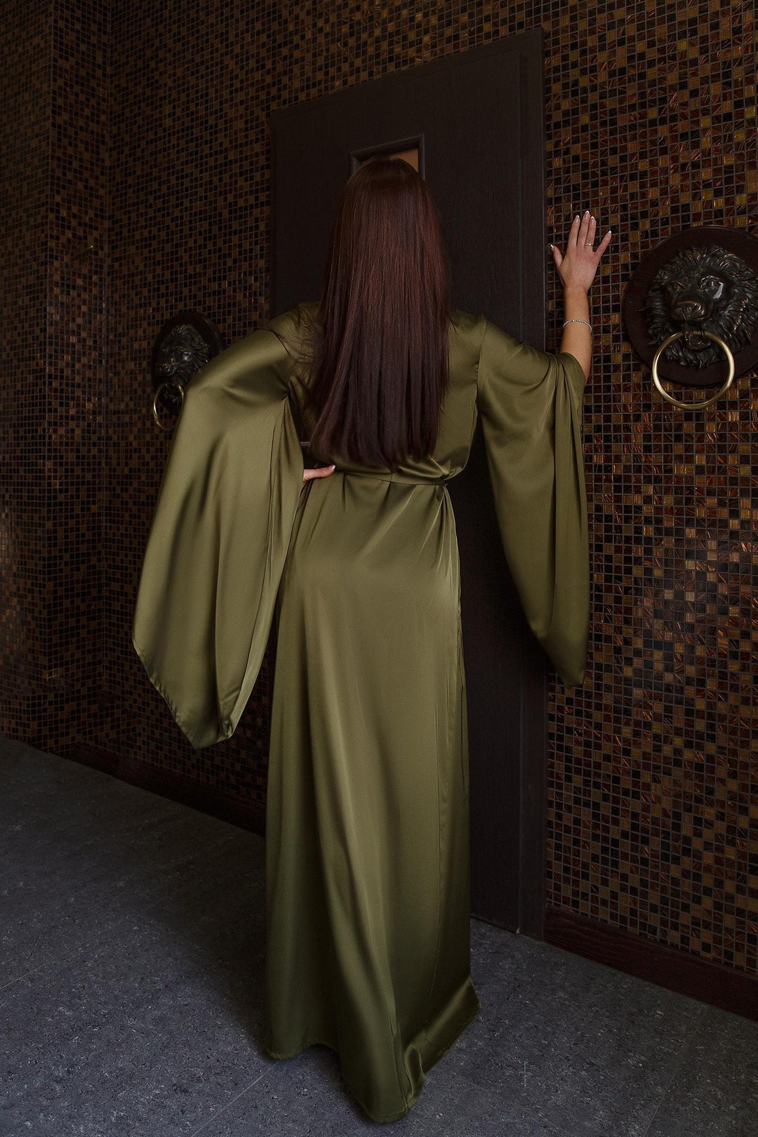 Silk Long Green Kimon , Long Robe , Long Dressing Gown , Long Sleeve ...