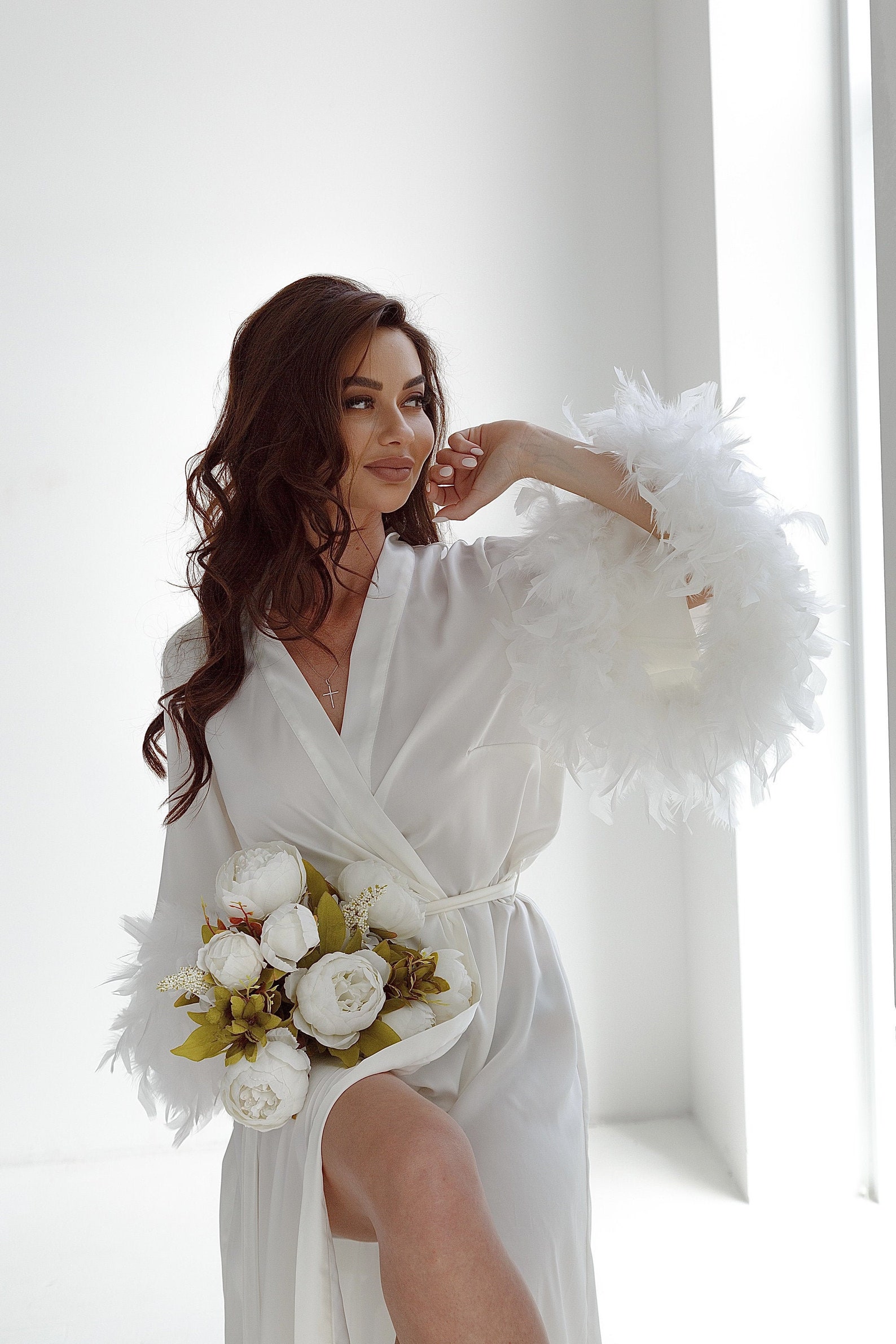 Long Silk Robe White Boudoir Robe Silk Boudoir Robe Wedding Kimono Robe ...
