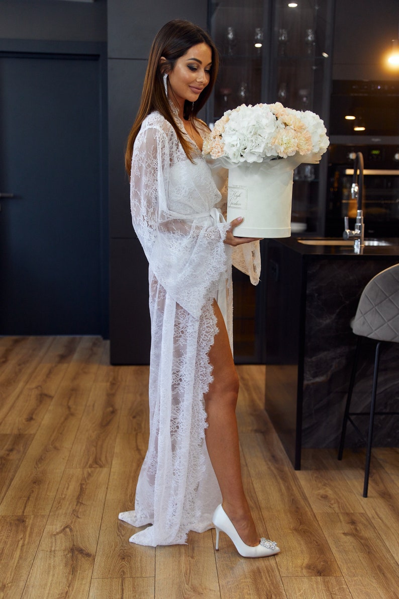 Long Lace Robe Bridal Robe With Train Maxi Bridal Robe - Etsy
