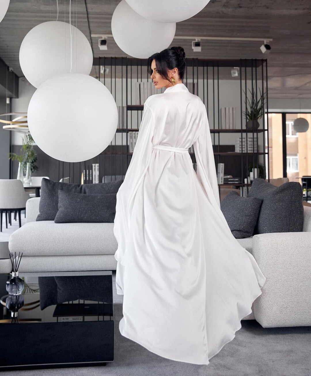 Bridal Robe With Wide Sleeves, Bride White Robe, Satin Silk Boudoir ...