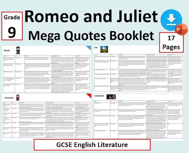 GCSE Romeo and Juliet Mega Quotes Booklet 75 Quotes From Characters and ...