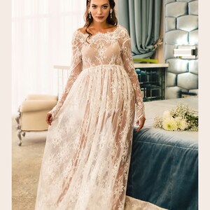 Open Back Lace Wedding Dress, Bridal Robe, Long Ivory Boudoir Dress for ...