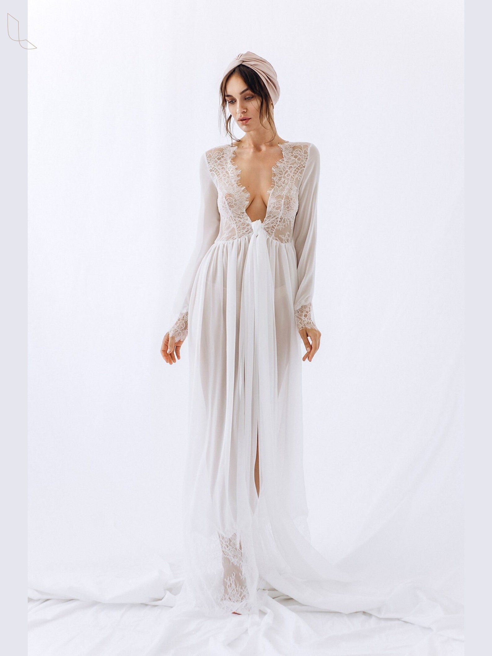 Long sleeve chiffon bridal robe Boudoir dress Maxi Ivory | Etsy