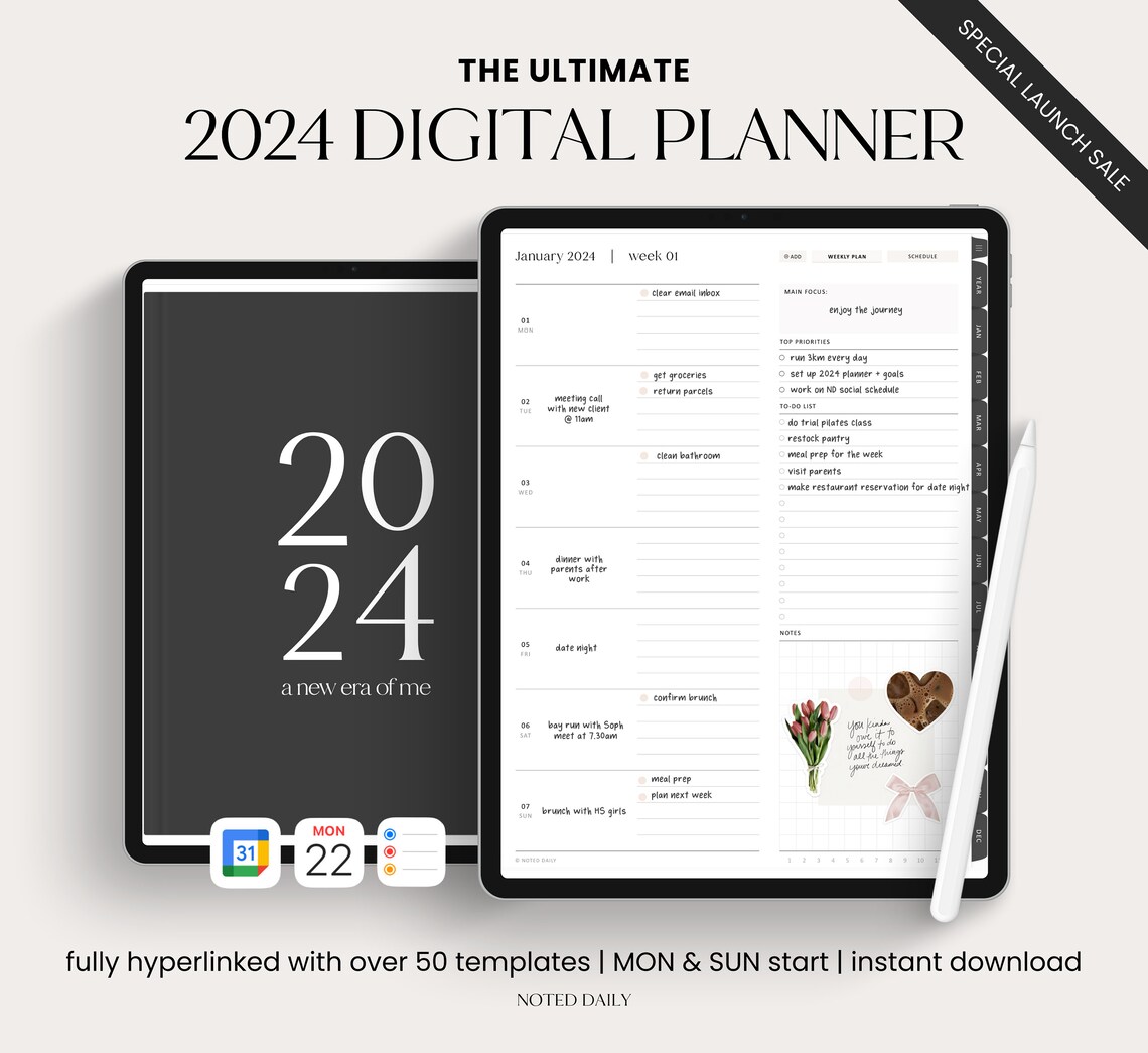 2024 Digital Planner, Portrait Planner, 2024 Dated Planner, Hyperlinked ...
