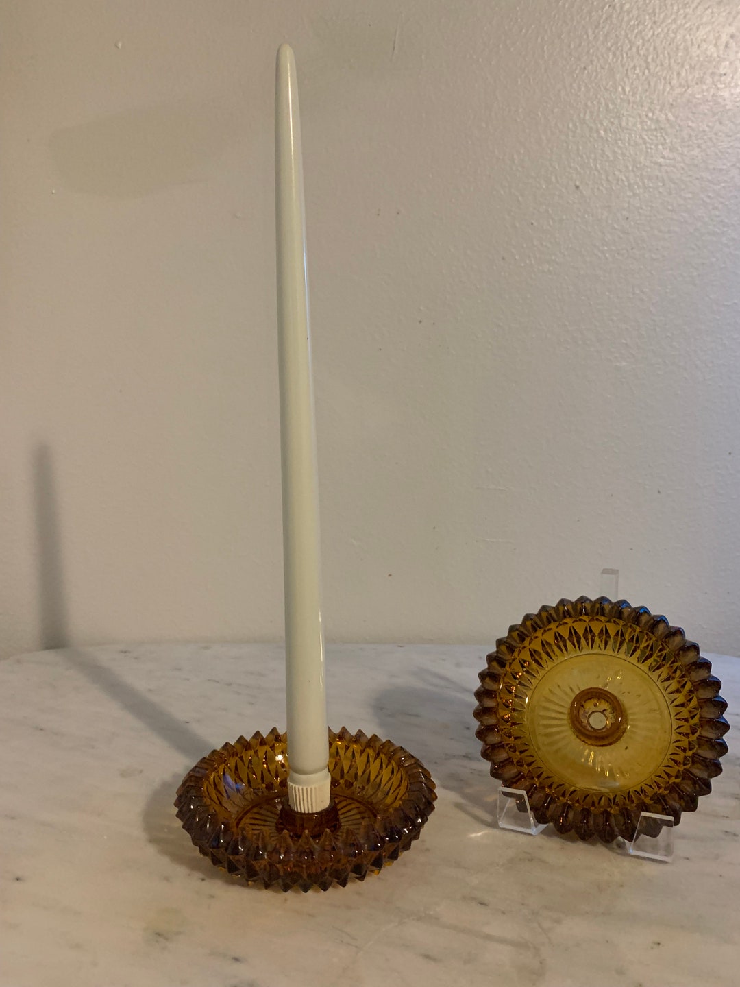 Vintage Amber Diamond Cut Candle Holders - Etsy