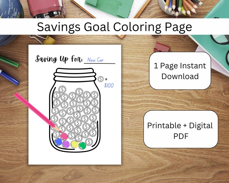 Savings Goal Coloring Page, Printable Savings Tracker, Financial ...