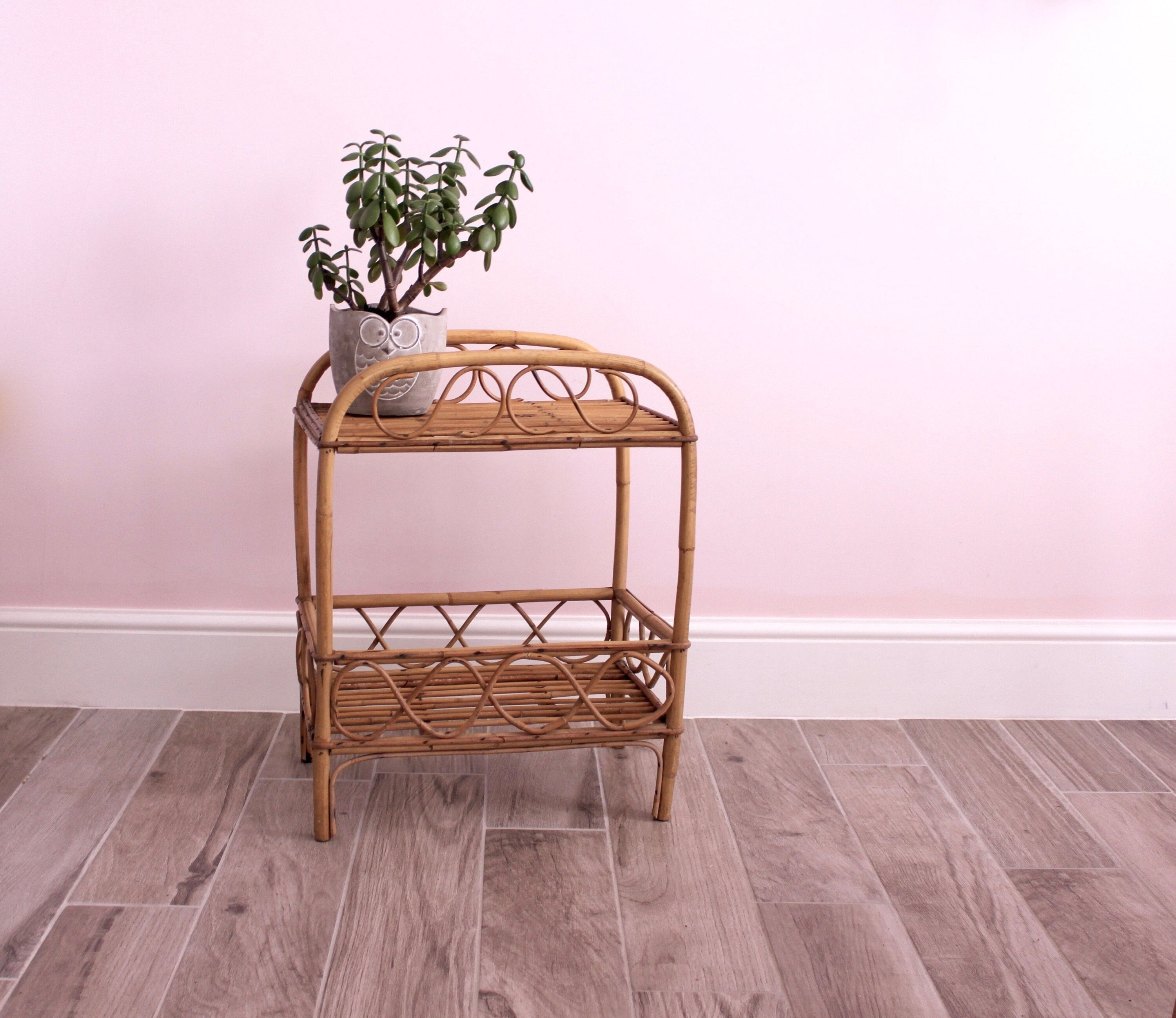 Retro Two Tier Bamboo Shelf With Infinity Detail wicker | Etsy UK