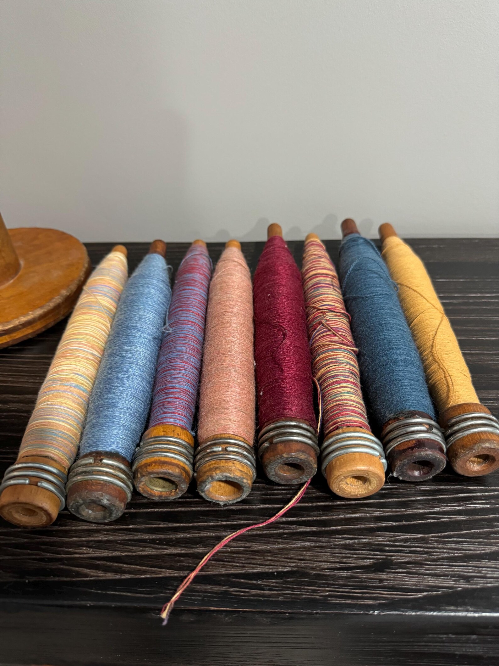 Vintage Large Wooden Industrial Textile Bobbin Holding 8 Smaller Wooden ...
