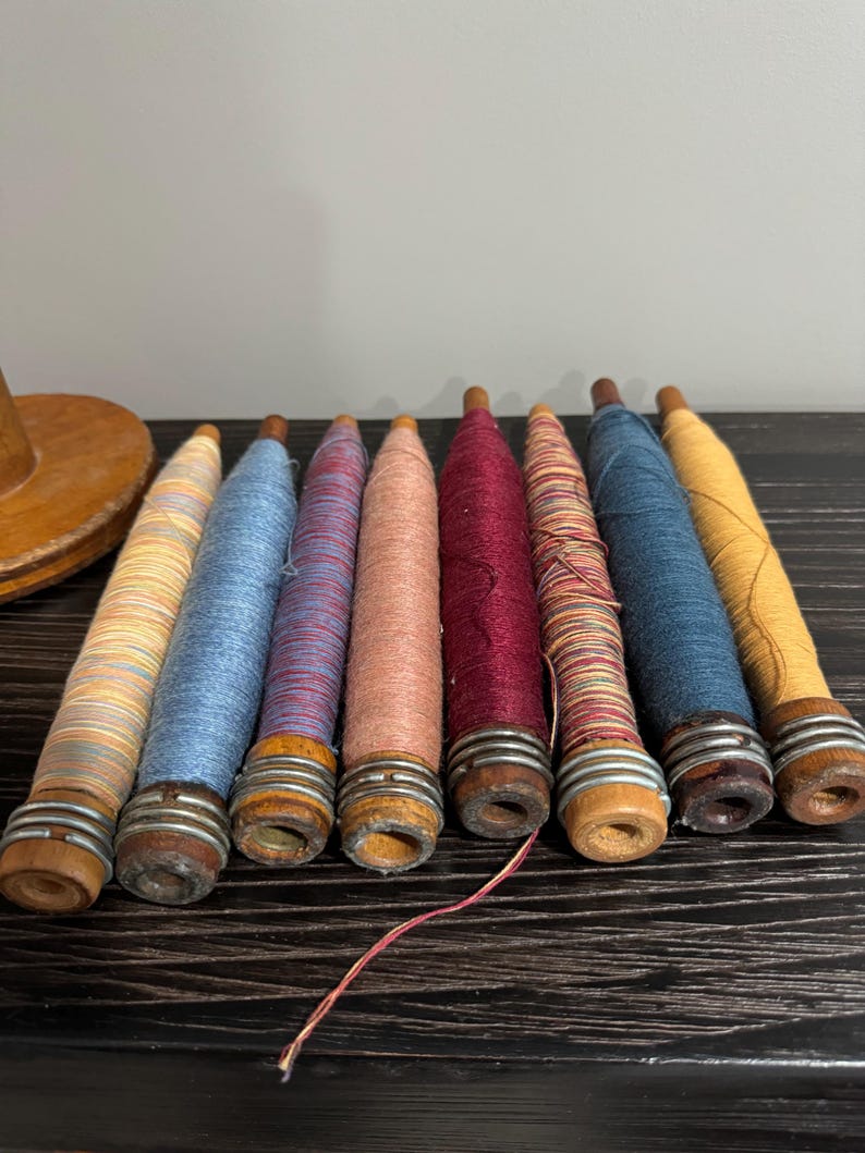 Vintage Large Wooden Industrial Textile Bobbin Holding 8 Smaller Wooden ...