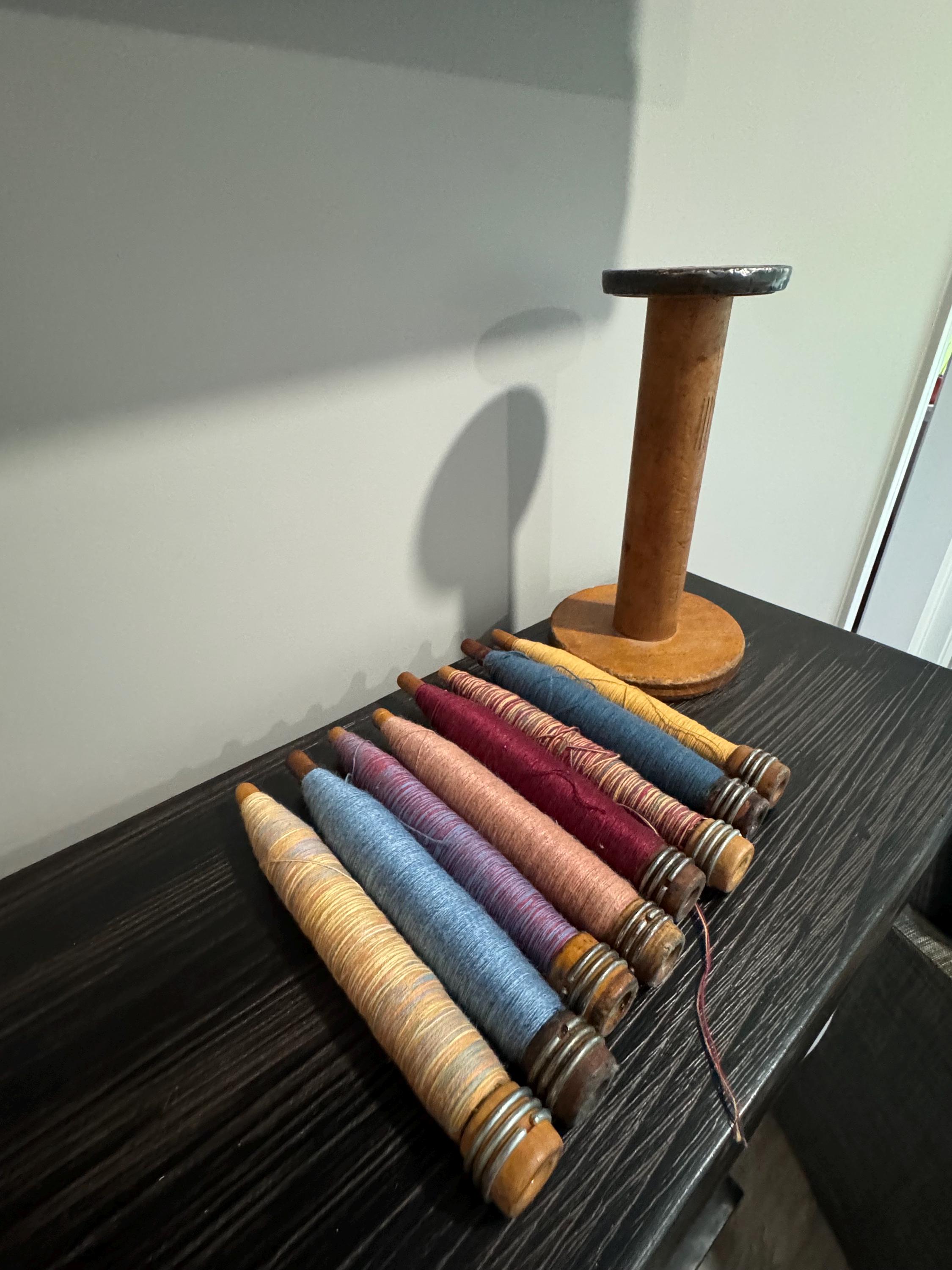 Vintage Large Wooden Industrial Textile Bobbin Holding 8 Smaller Wooden ...