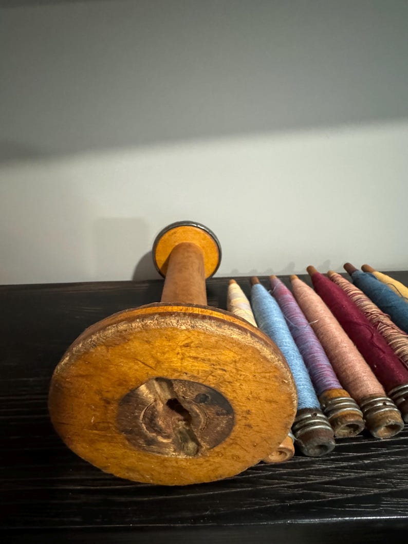 Vintage Large Wooden Industrial Textile Bobbin Holding 8 Smaller Wooden ...