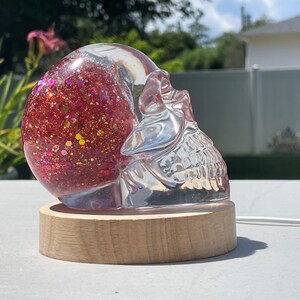 Glitter Snow Globe Resin Skull With Solid Wood Light Base Red - Etsy
