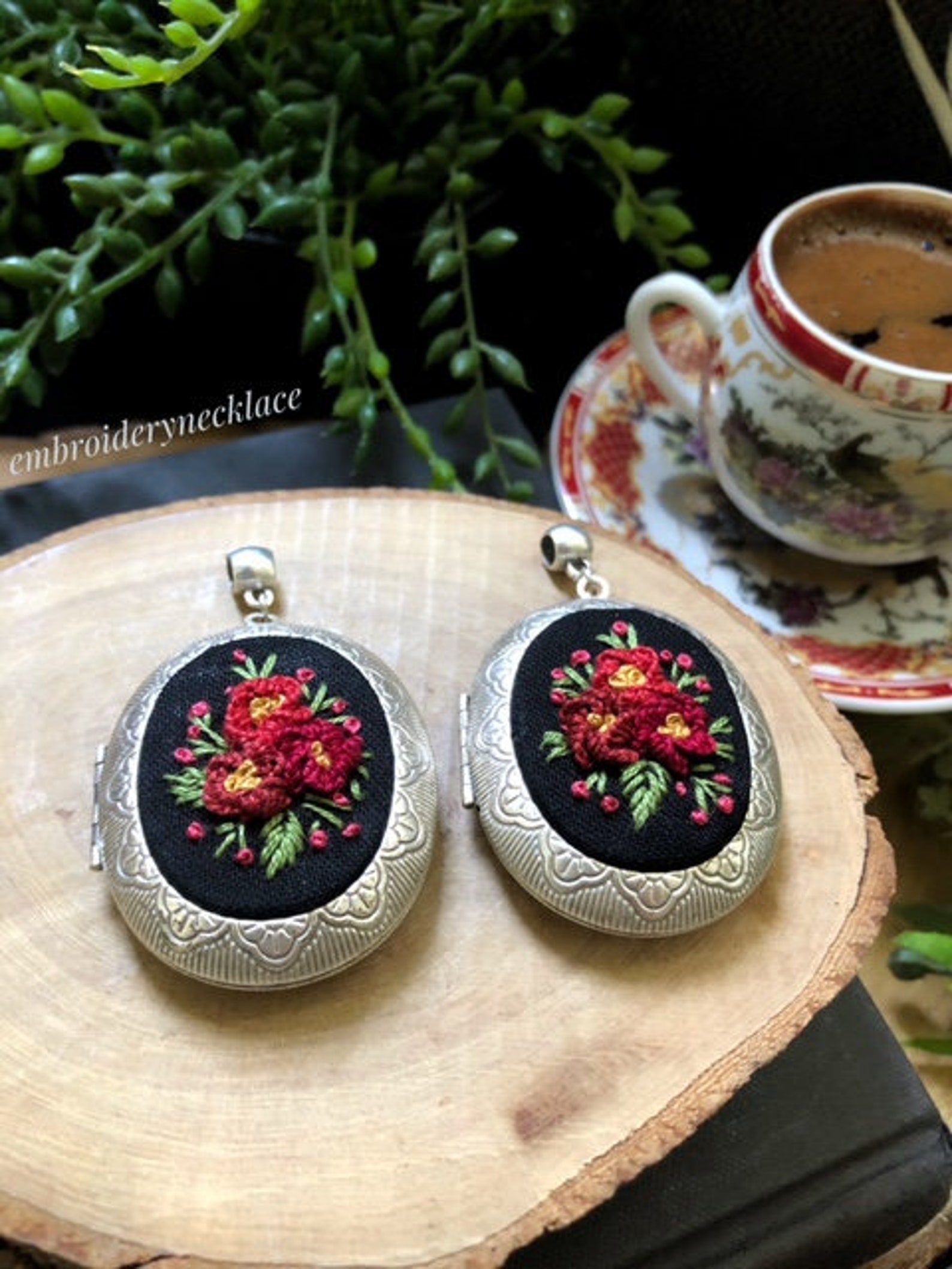 Hand Embroidered Locket Necklace With Photored Bouquet - Etsy