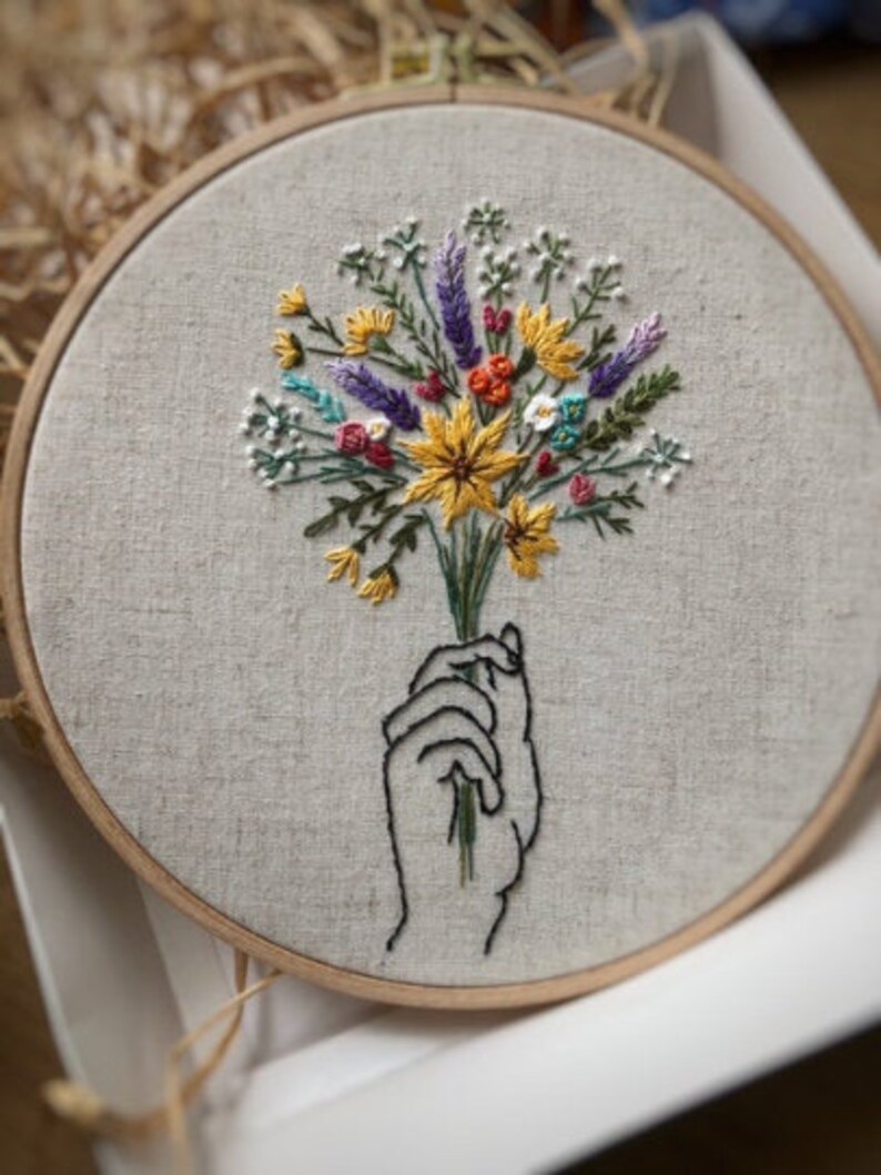Flower Bouquet Embroidery Line Artfloral Hand Embroidered - Etsy