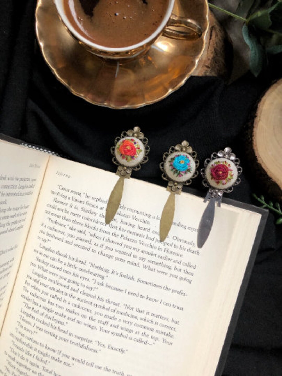 Handmade Floral Embroidered Bookmark,flower Embroidery Bronze and ...