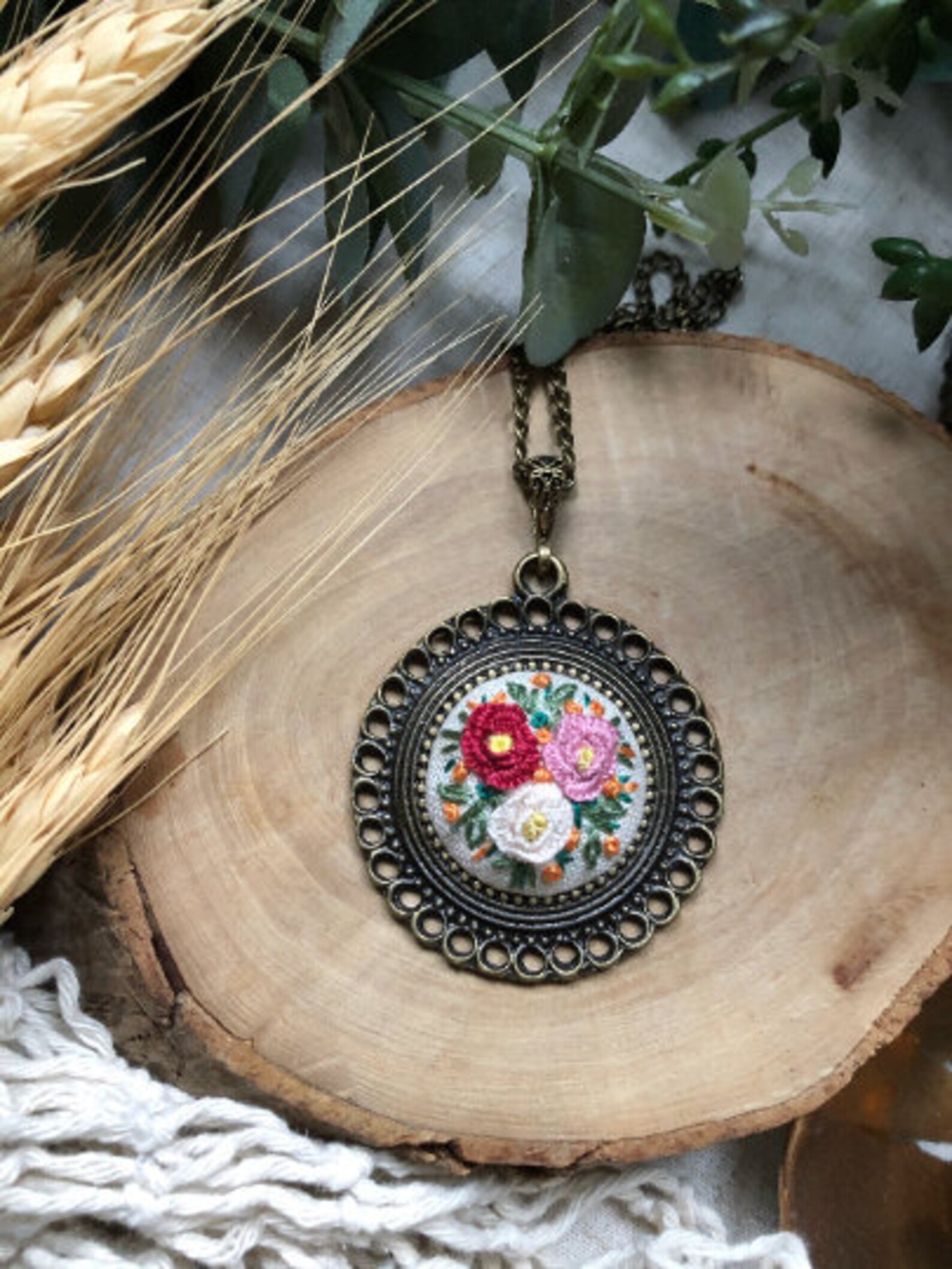 Hand Embroidered Necklace Pendantfloral Embroideryvintage | Etsy