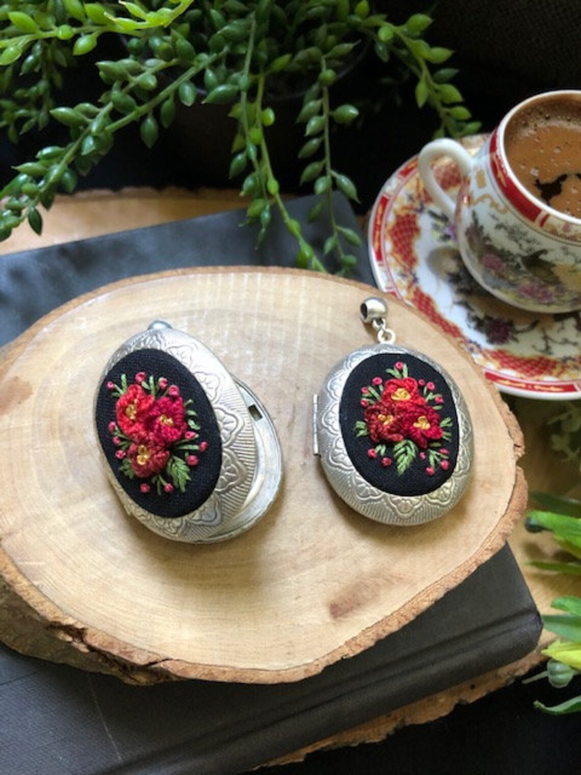 Hand Embroidered Locket Necklace With Photored Bouquet - Etsy