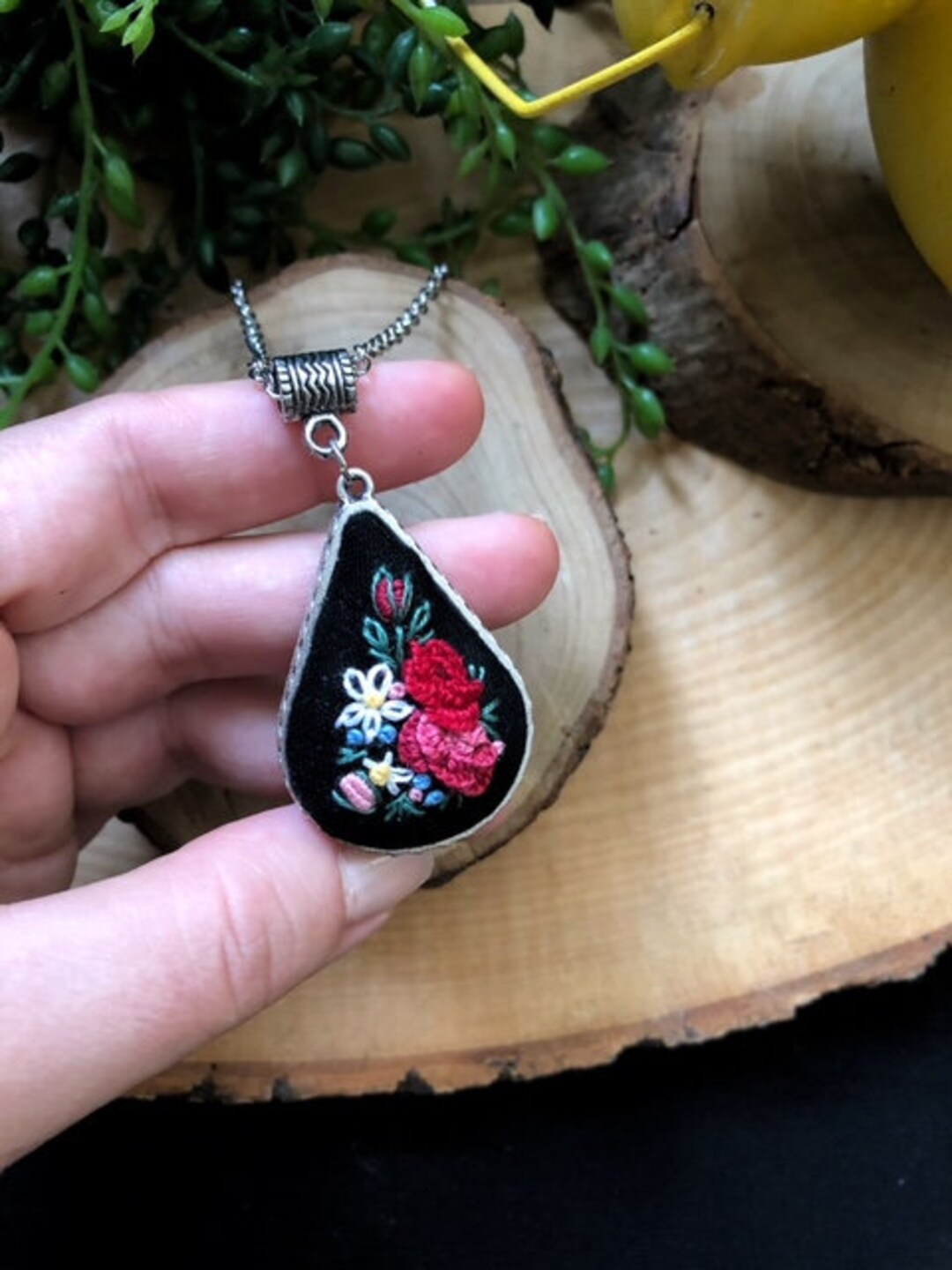 Embroidery Necklace ,embroidered Necklace Pendant,handmade Floral ...