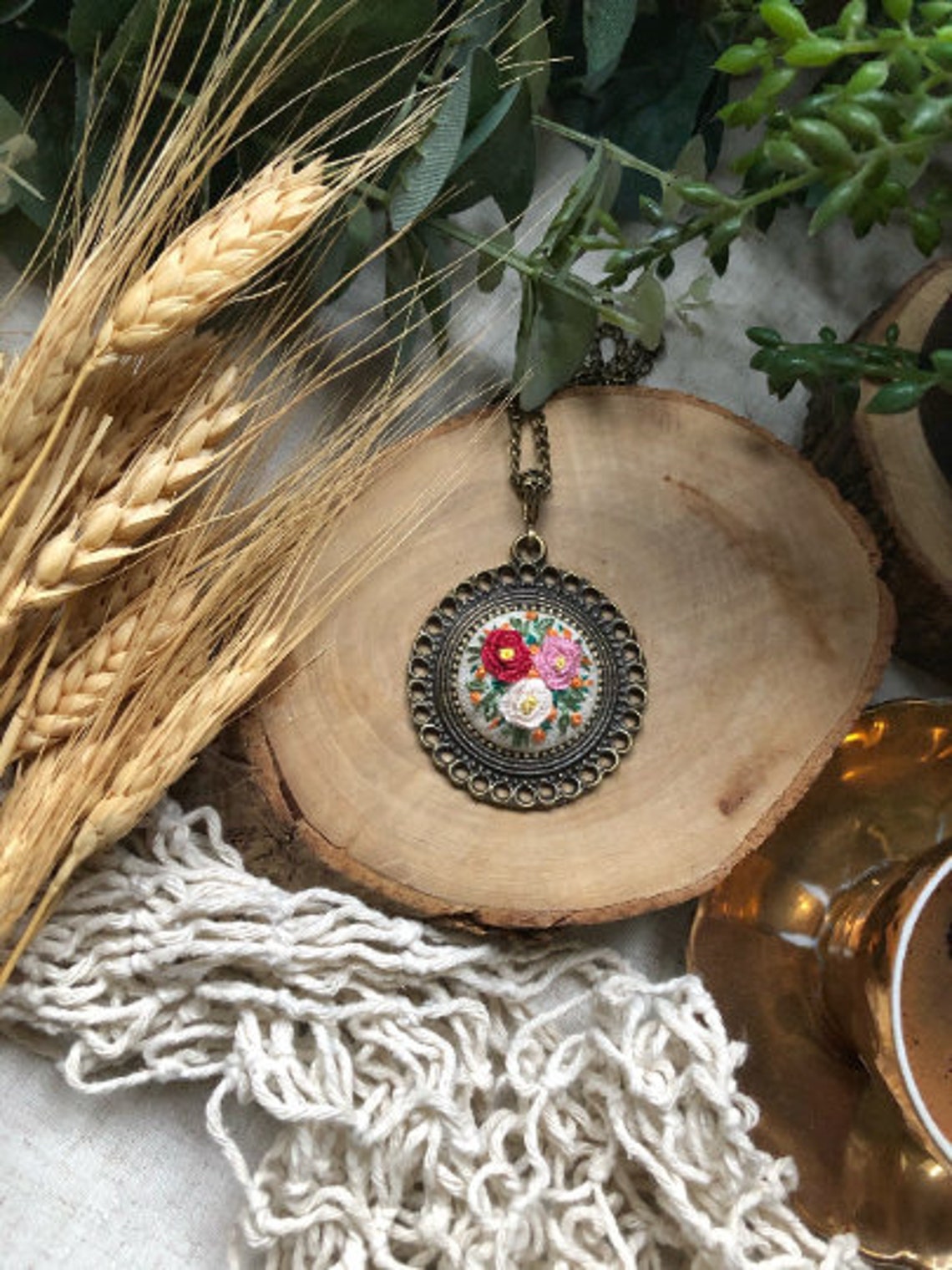 Hand Embroidered Necklace Pendantfloral Embroideryvintage | Etsy