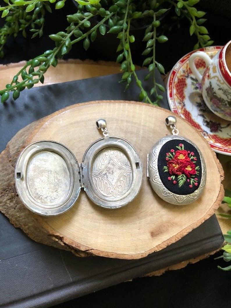 Hand Embroidered Locket Necklace With Photored Bouquet - Etsy