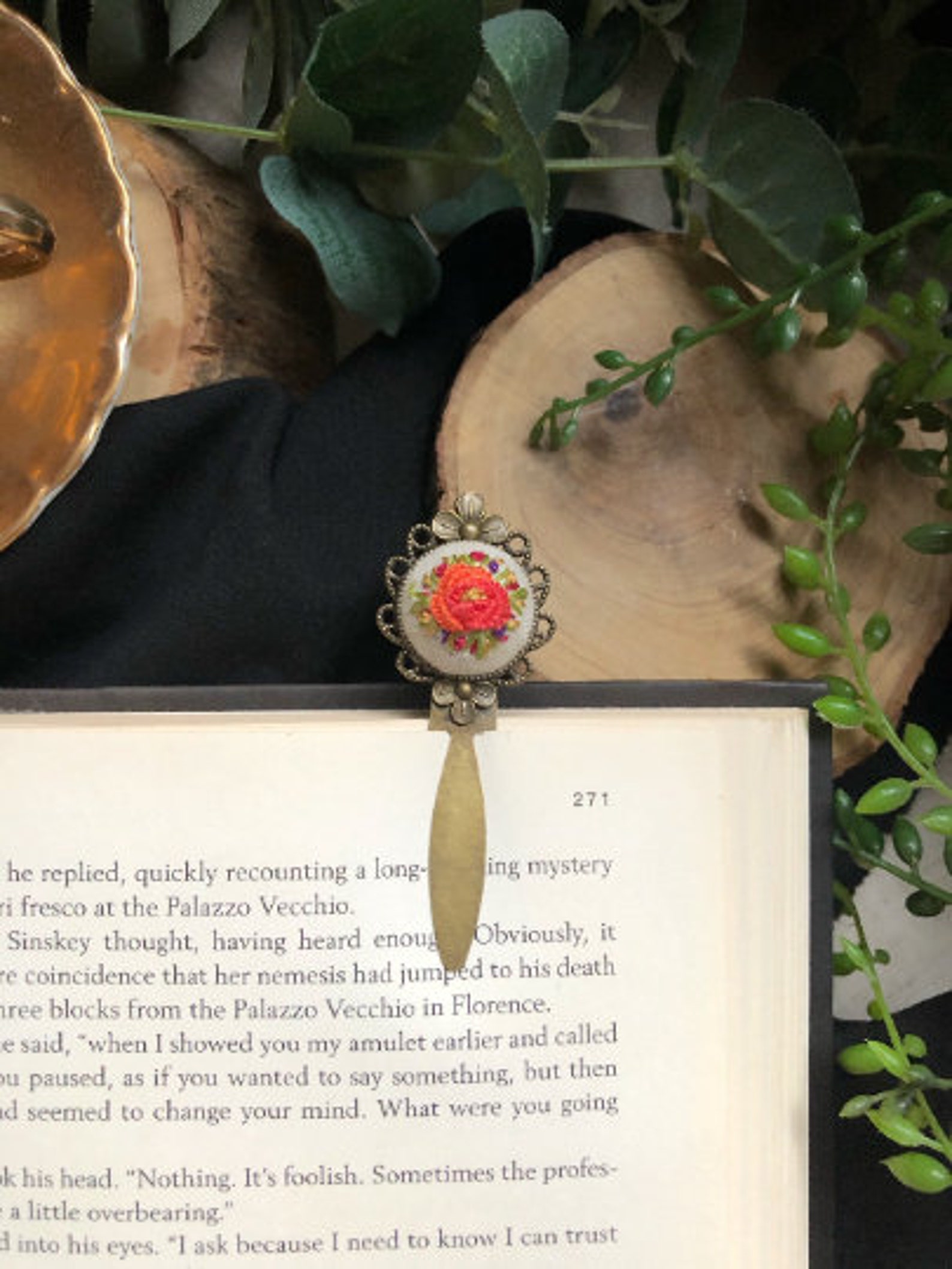 Handmade Floral Embroidered Bookmark,flower Embroidery Bronze and ...