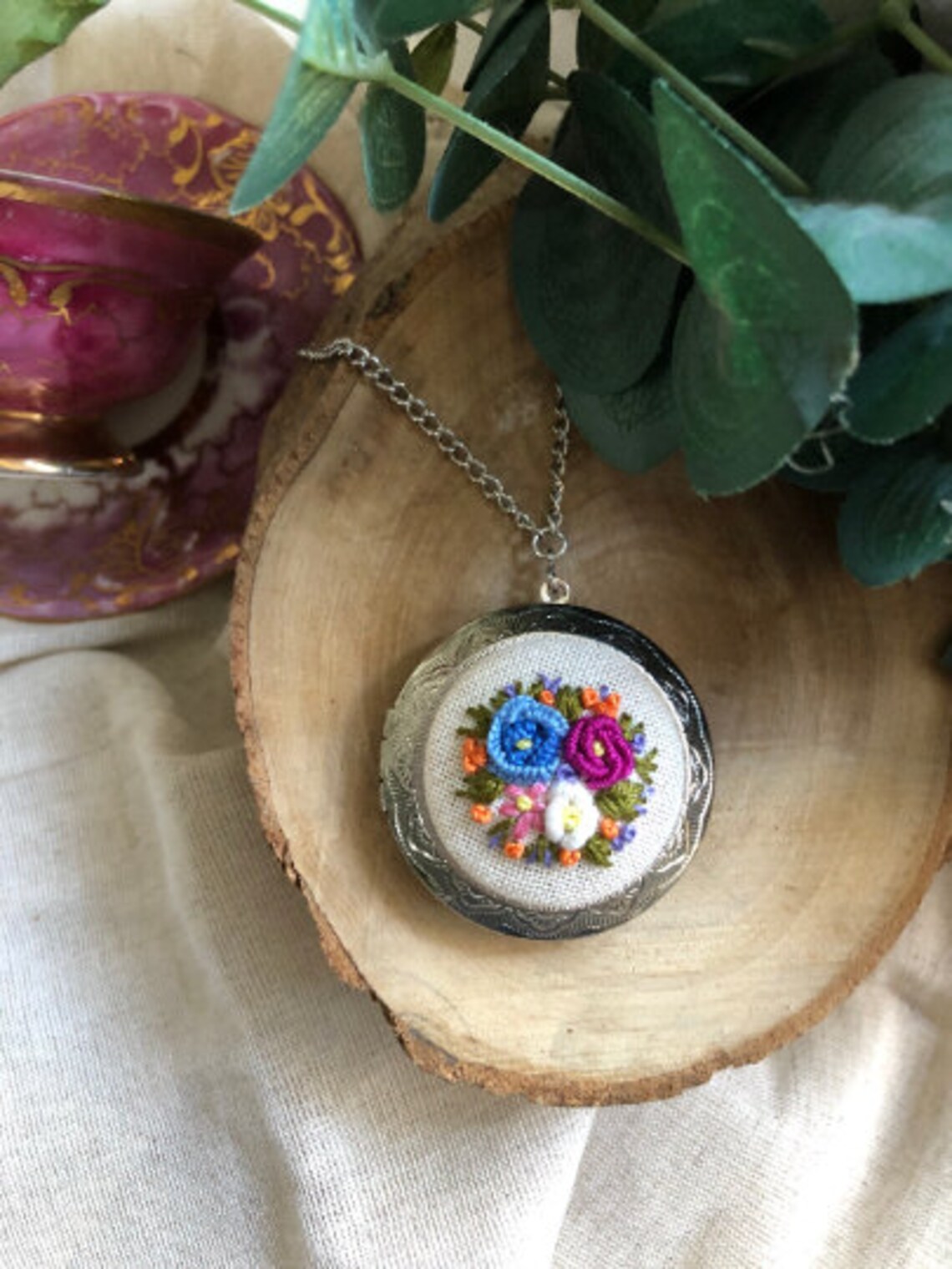 Hand Embroidery Floral Pendant Locket Necklace With Photo - Etsy