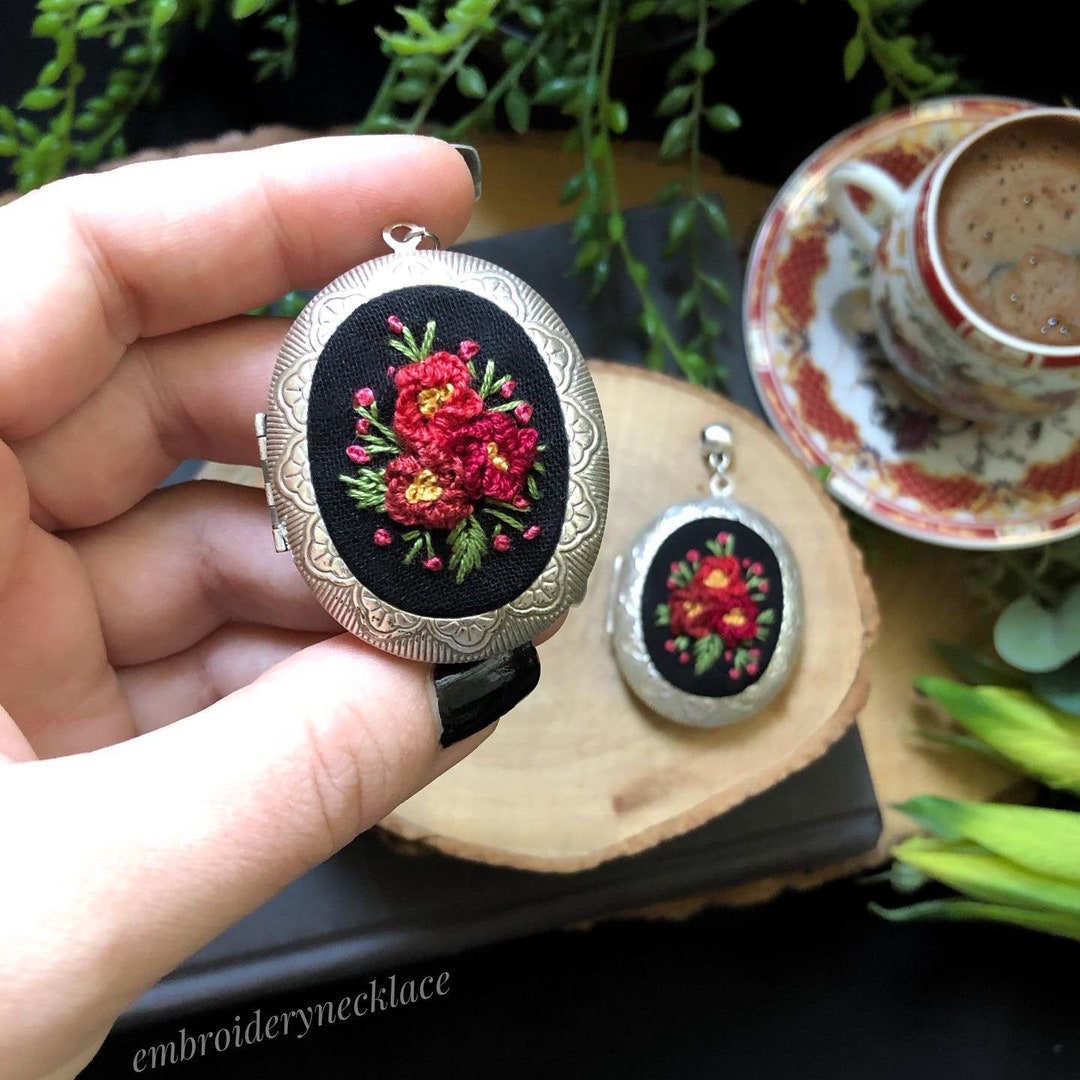 Hand Embroidered Locket Necklace With Photo,red Bouquet Embroidery ...