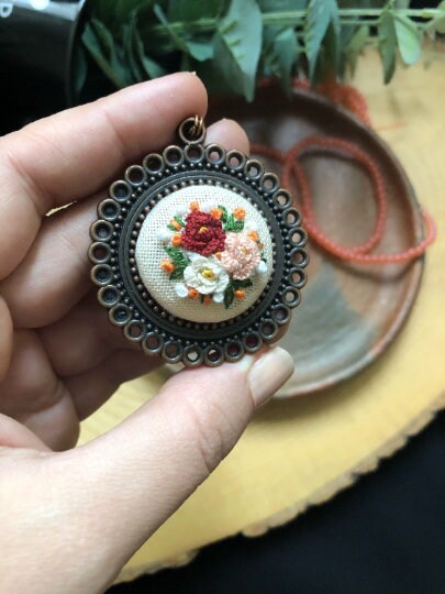 Hand Embroidered Necklace Pendantfloral Embroideryvintage | Etsy
