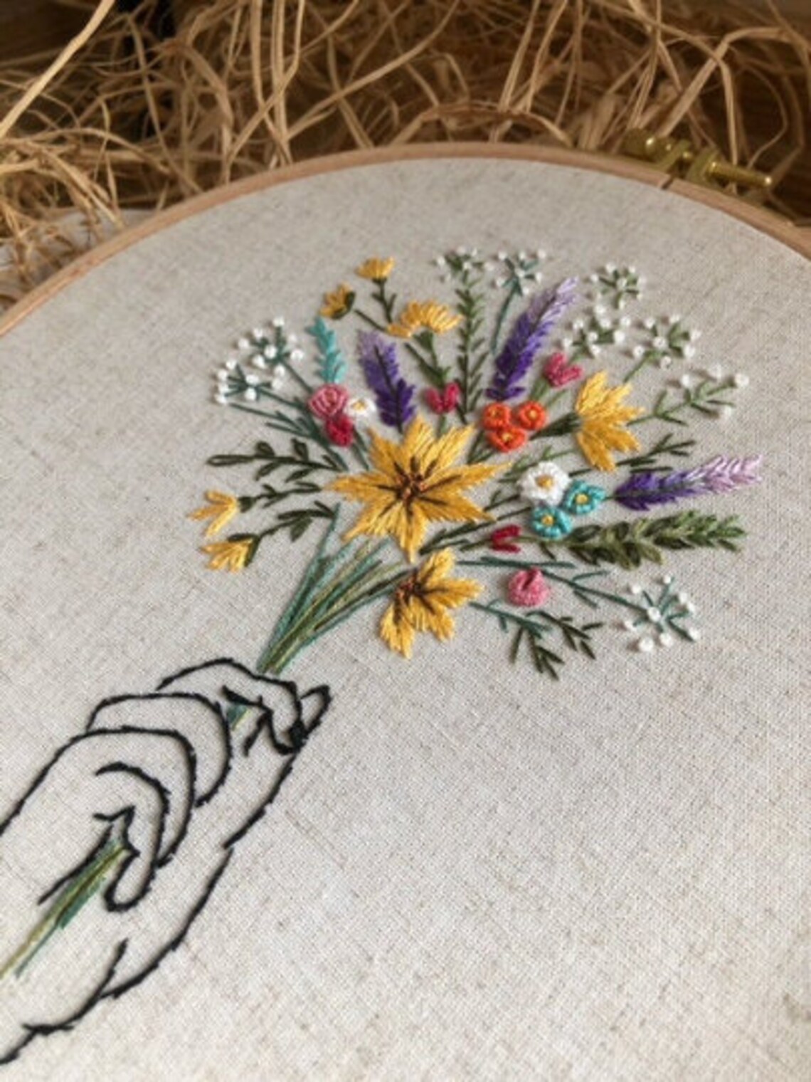 Flower Bouquet Embroidery Line Artfloral Hand Embroidered - Etsy