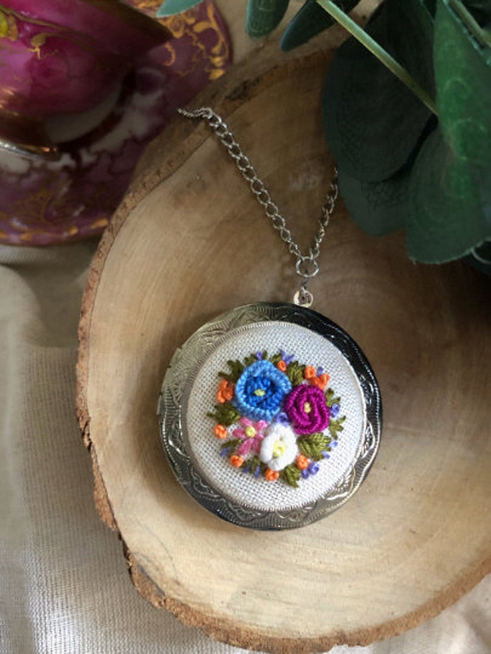Hand Embroidery Floral Pendant Locket Necklace With Photo | Etsy