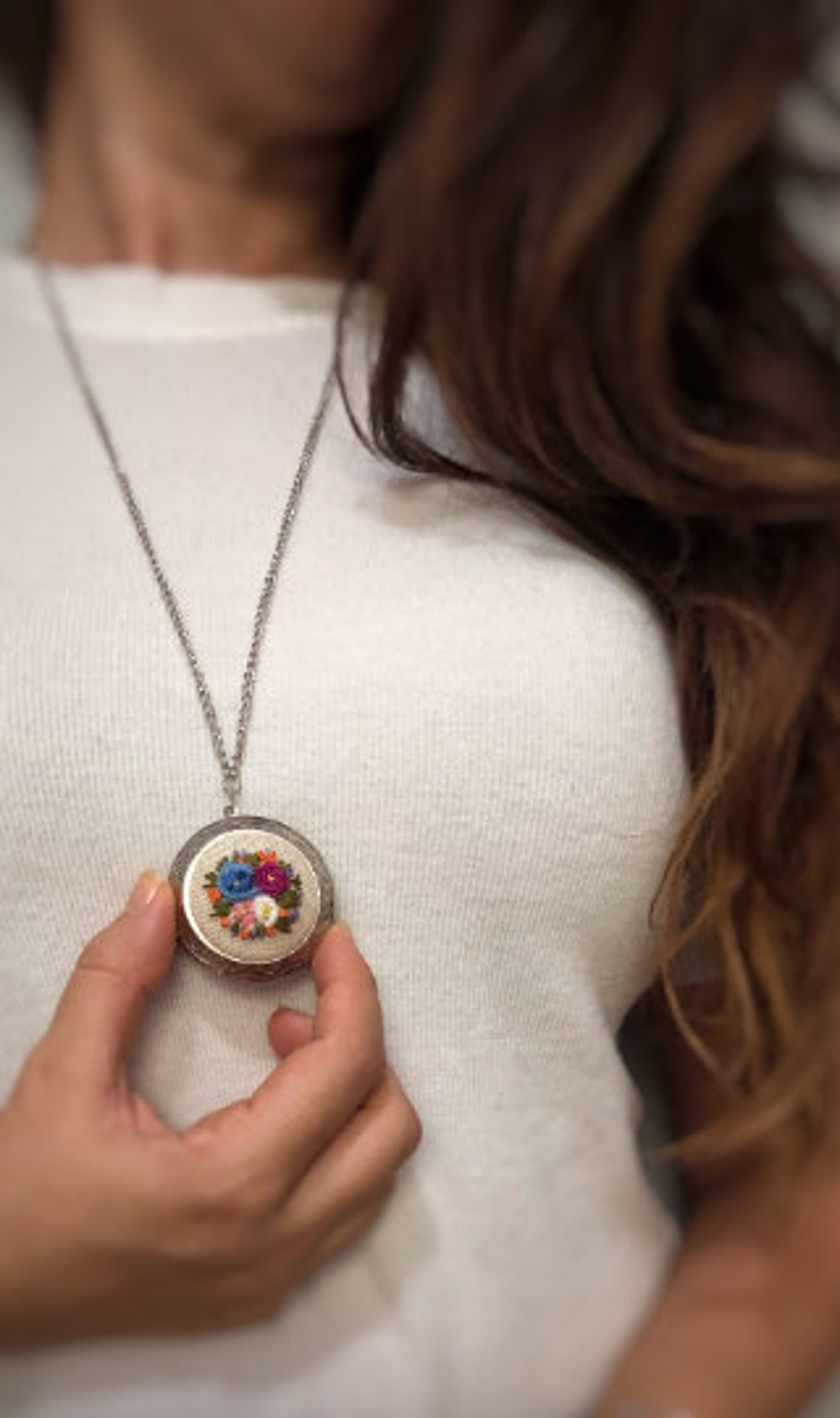 Hand Embroidery Floral Pendant Locket Necklace With Photo | Etsy