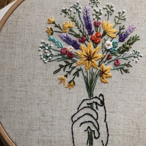 Flower Bouquet Embroidery Line Art,floral Hand Embroidered Hoop Art ...