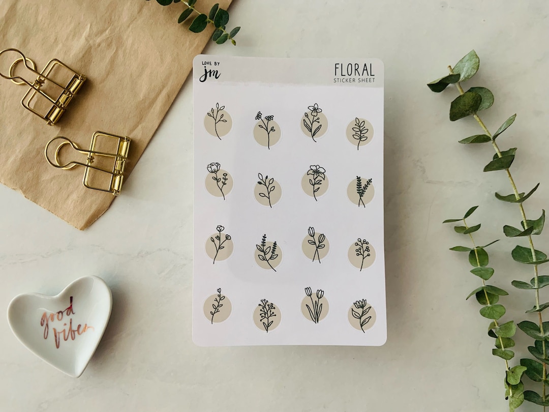Minimalist Floral Stickers | Aesthetic Flower Sticker Sheet, Bullet ...