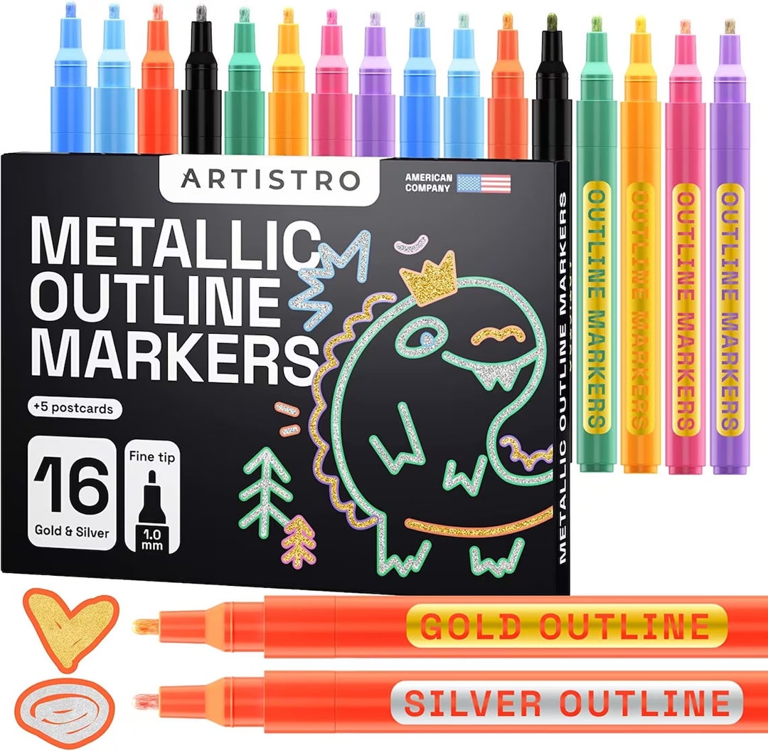 Outline Markers, 16 Outline Pens, 5 Cards, Gold and Silver Metallic ...