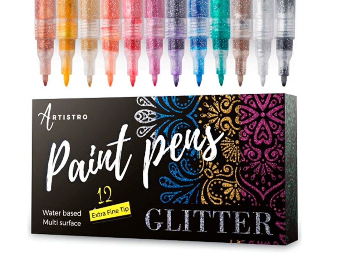 12 Acrylic Glitter Paint Pens extra-fine Tip for Rock Painting, Wood ...