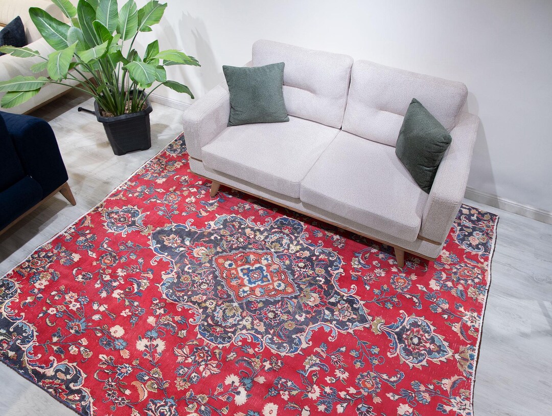 7x7 Rug, Vintage Hand Knotted Square Rug, Wool Persian Red Wool Rugs ...