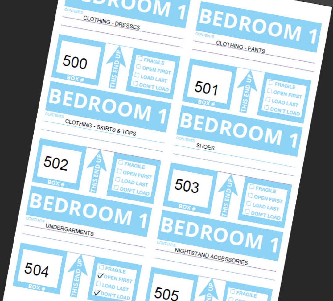PRINTABLE MOVING LABELS - Bedroom 1 - Etsy