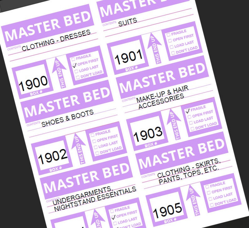 PRINTABLE MOVING LABELS - Master Bedroom - Etsy