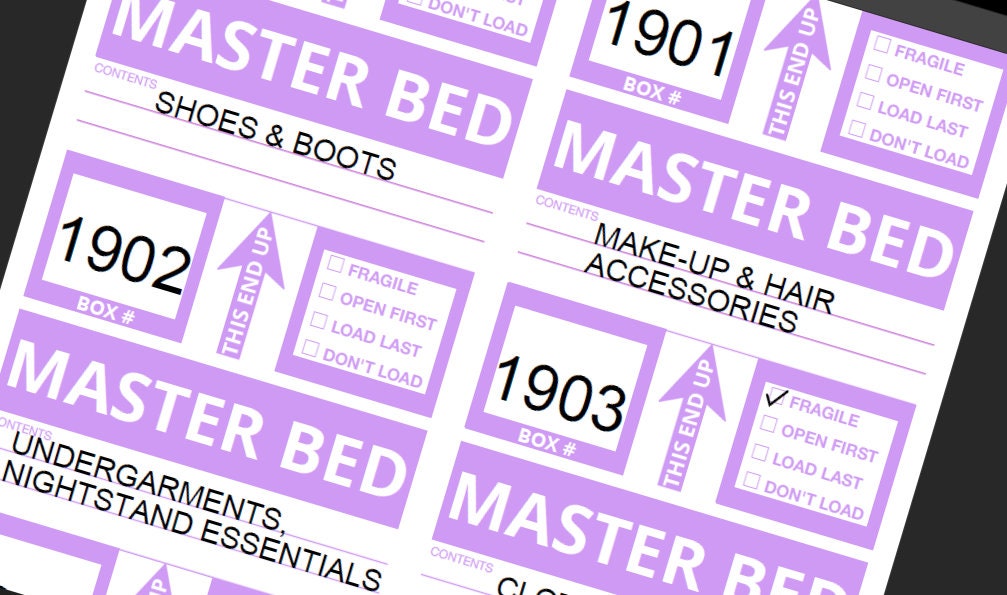 PRINTABLE MOVING LABELS - Master Bedroom - Etsy