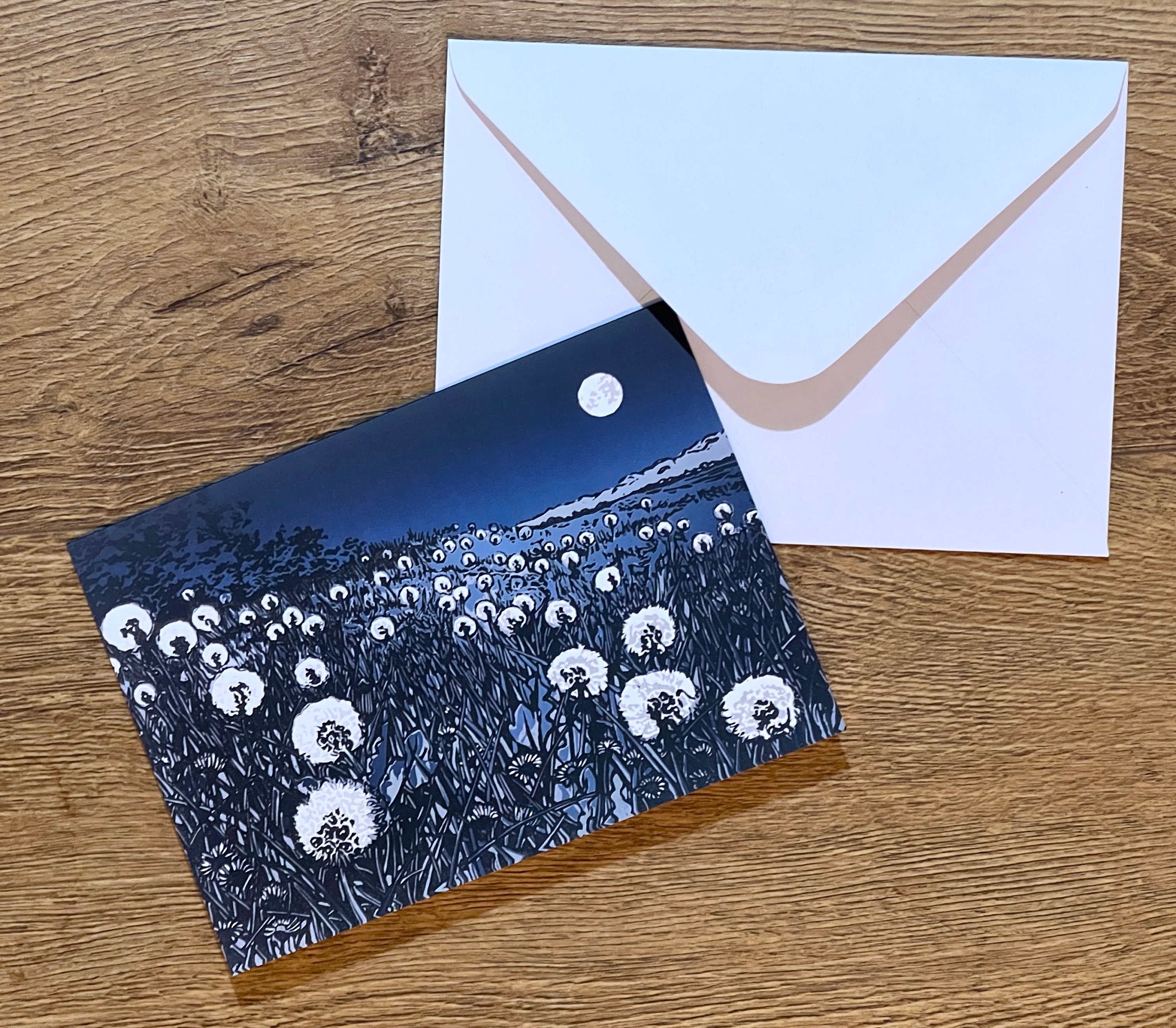 Night Clocks Art Greetings Card, Linocut Print, Art Card, Landscape ...