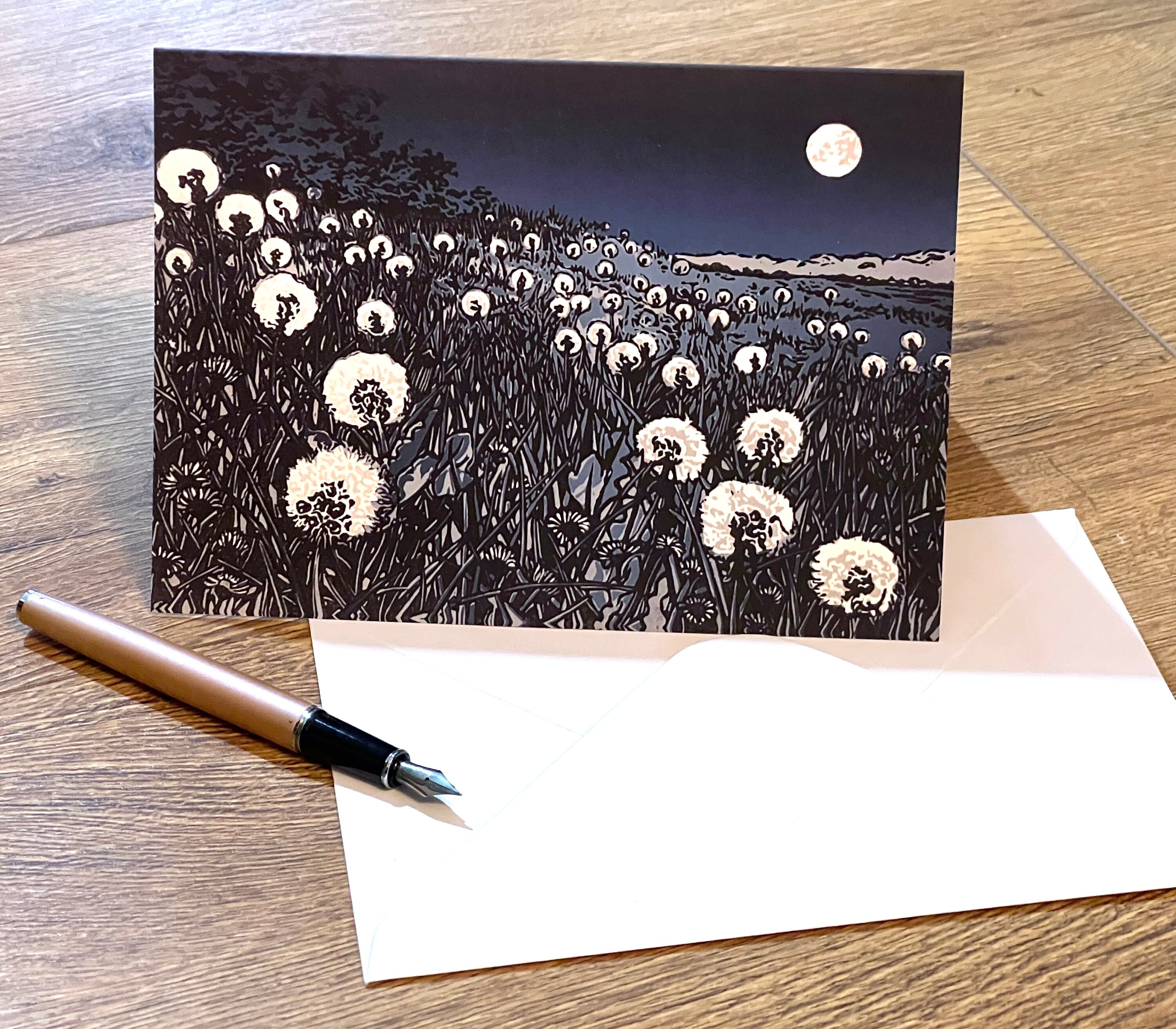 Night Clocks Art Greetings Card, Linocut Print, Art Card, Landscape ...