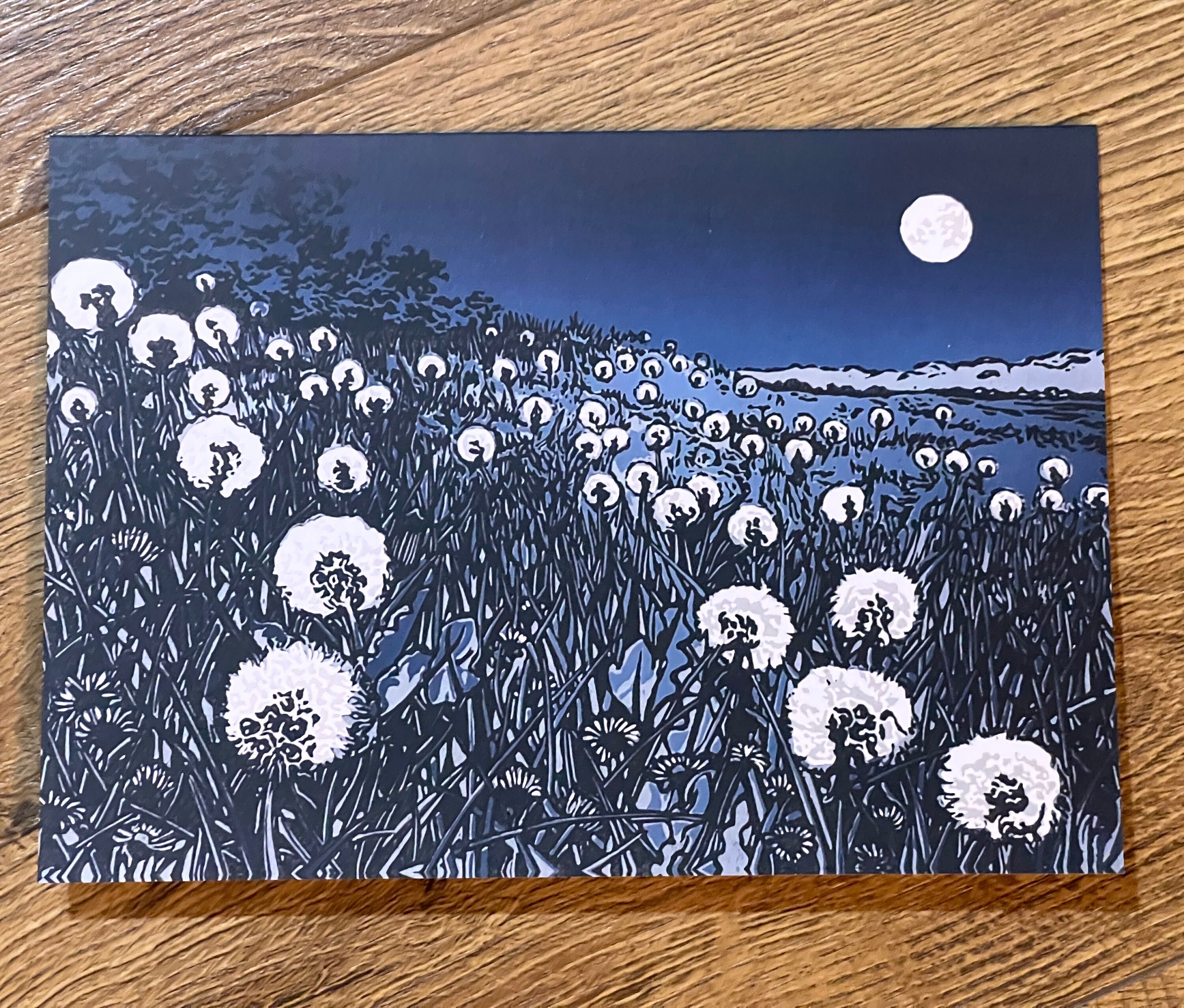 Night Clocks Art Greetings Card, Linocut Print, Art Card, Landscape ...