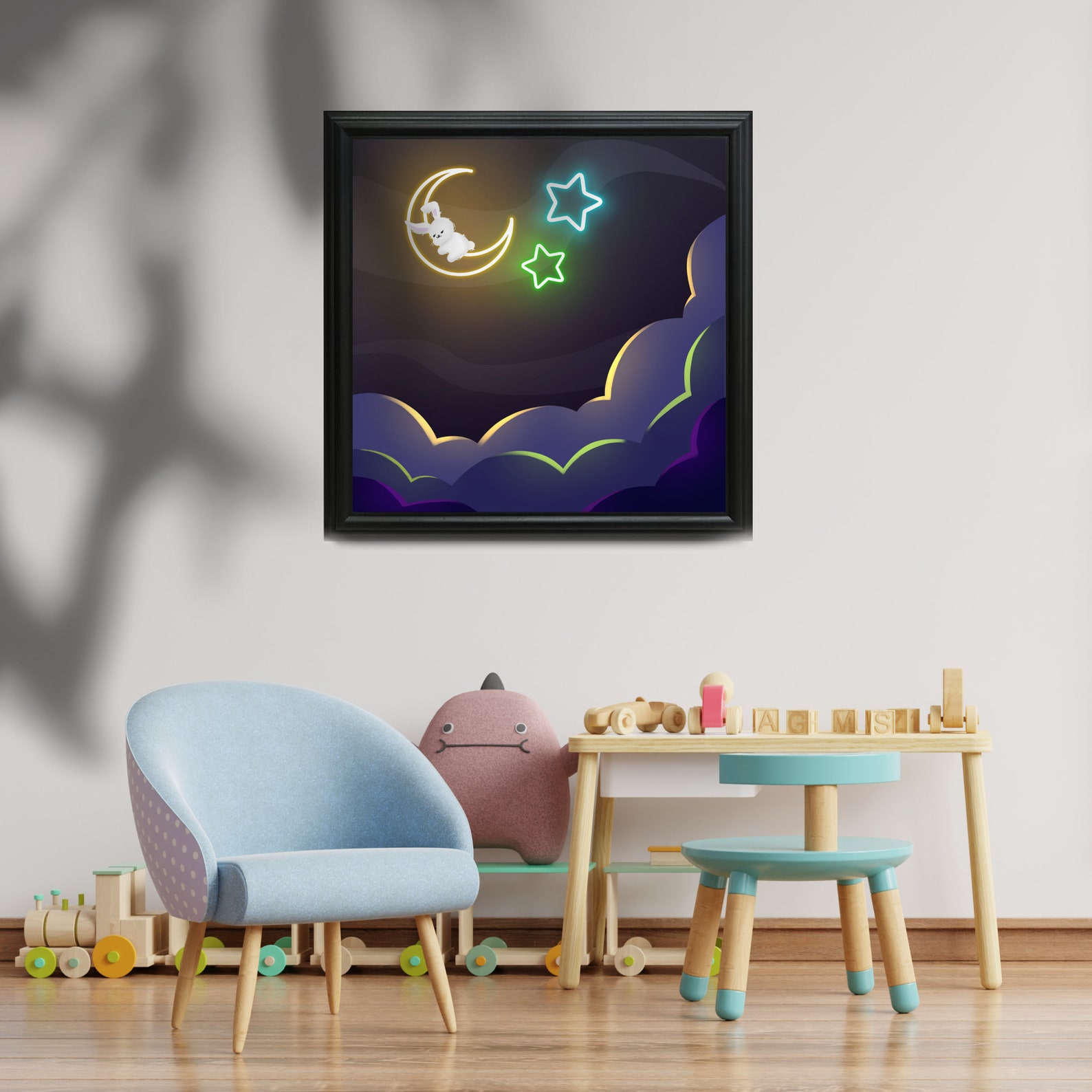 MOON RABBIT (NEON)| for Kids, Neon Digital Art, Moon Rabbit Wall Art ...