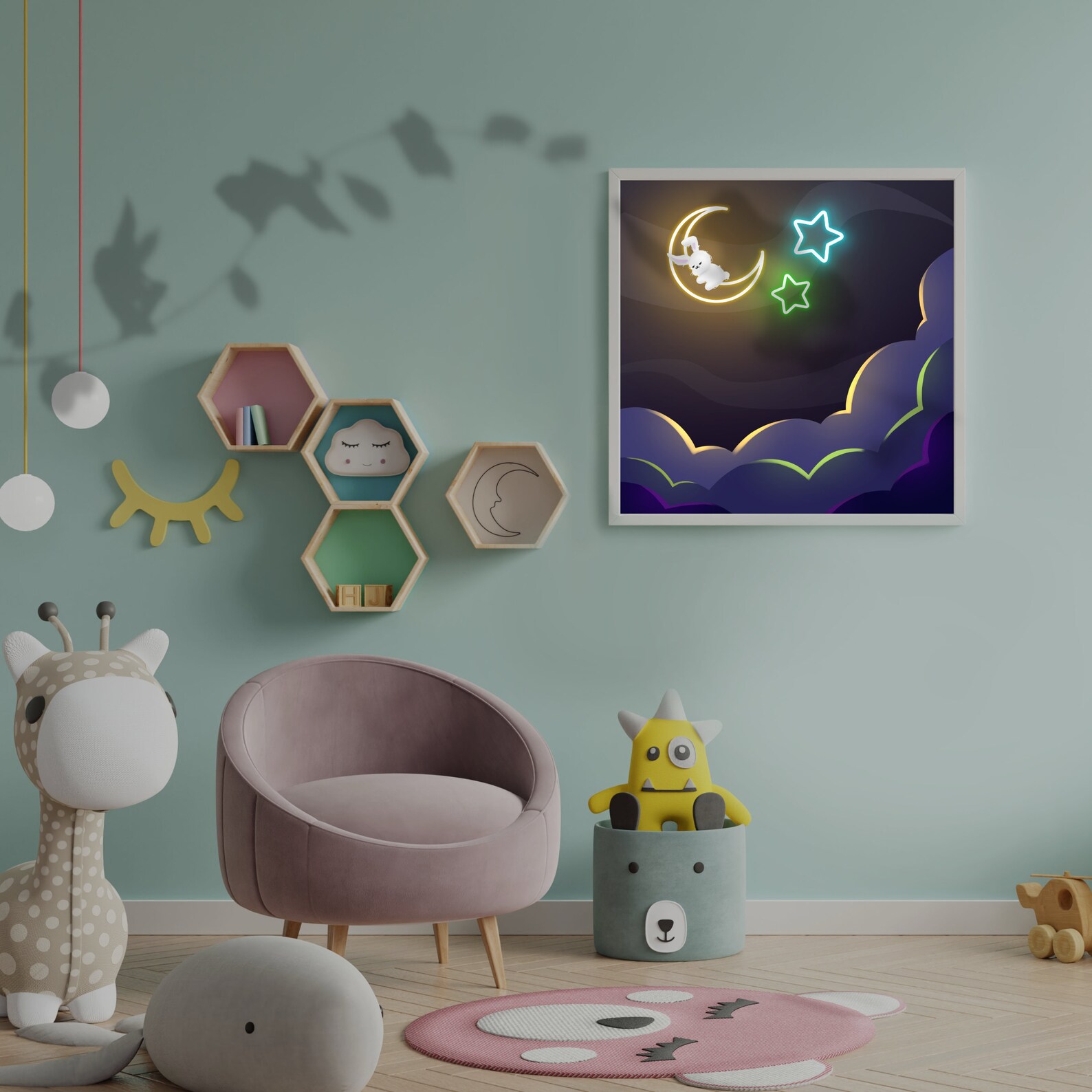 MOON RABBIT (NEON)| for Kids, Neon Digital Art, Moon Rabbit Wall Art ...