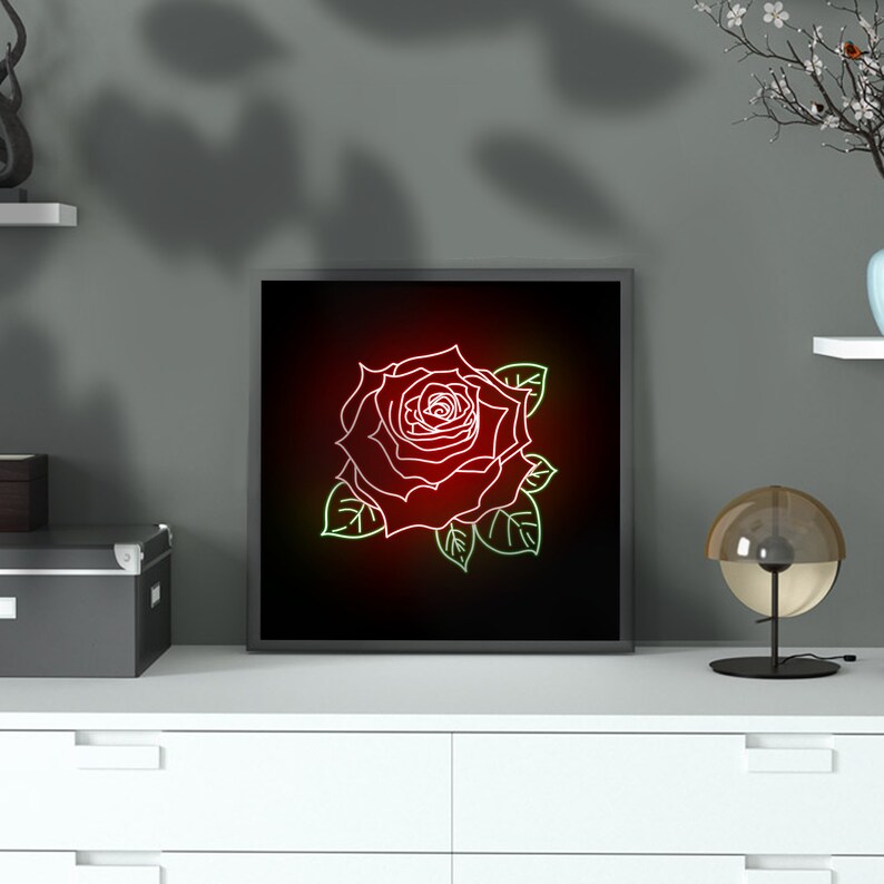 NEON ROSE (ver.1)| Neon Rose Digital Art, Neon Rose Wall Art, Simple ...