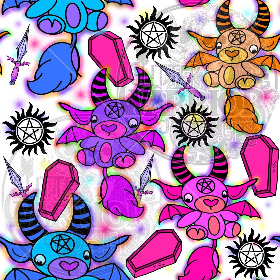 Fun Spooky Design, Hand Drawn Rainbow Baphomet Demon Seamless Pattern ...